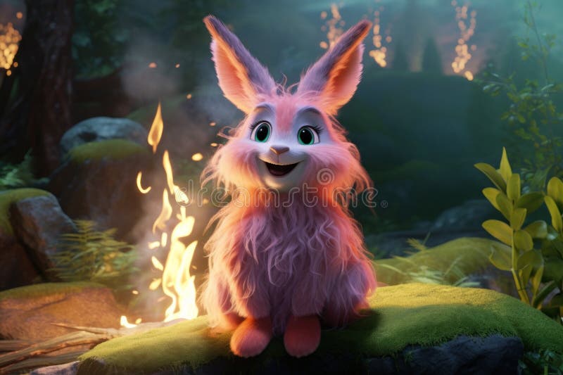 A Cartoon Rabbit Sitting on a Rock in Front of a Fire Stock ...