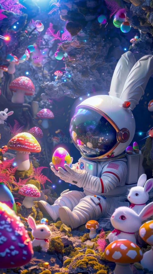 A Cartoon of a Rabbit in a Space Suit Holding an Egg Stock Photo ...