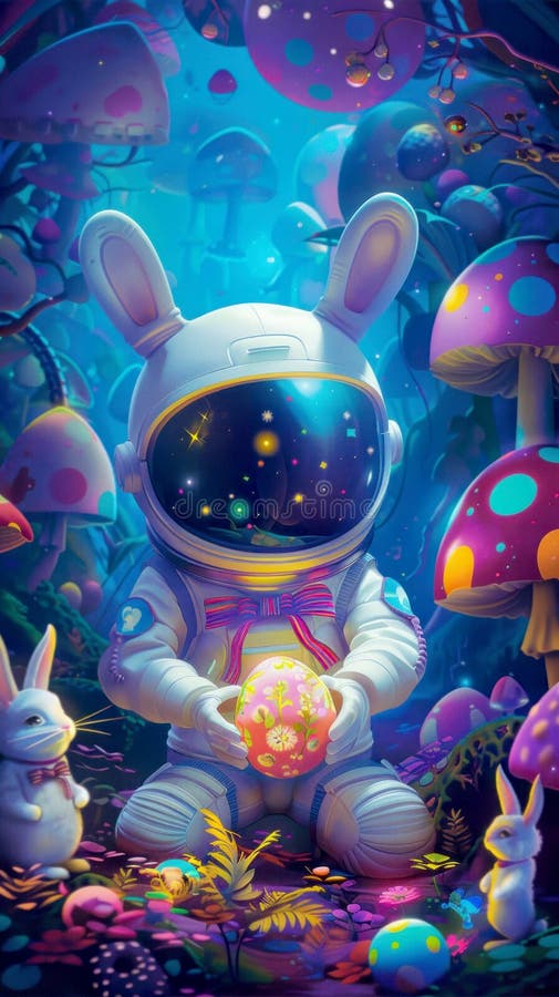 A Cartoon of a Rabbit in a Space Suit Holding an Egg Stock Image ...