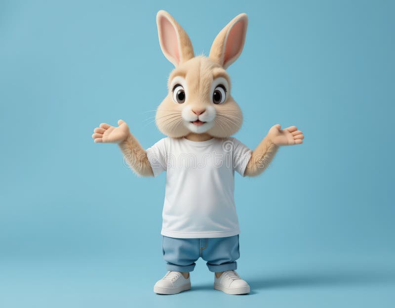 Rabbit Character Gesturing with Open Arms on Light Blue Background ...
