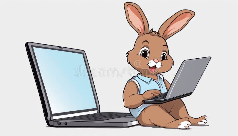 A Cartoon Rabbit Using a Laptop Stock Illustration - Illustration of ...