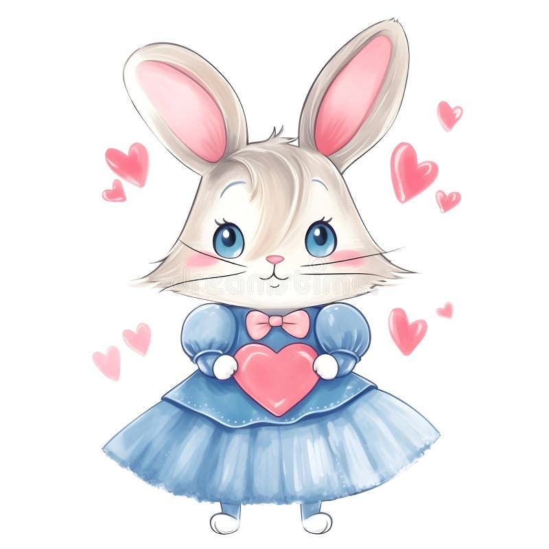 Cartoon Rabbit in Watercolor Style Holding a Heart Stock Illustration ...