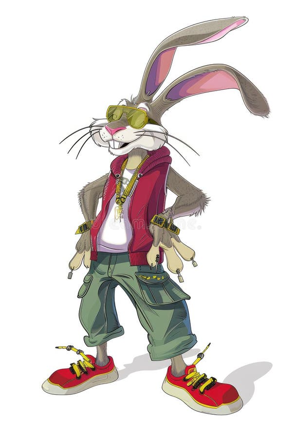 A Cartoon Rabbit Wearing a Red Jacket and Green Pants Stock ...