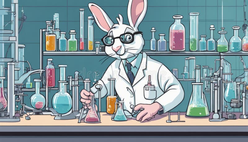 A Cartoon Rabbit Wearing a White Lab Coat and Glasses Stock ...