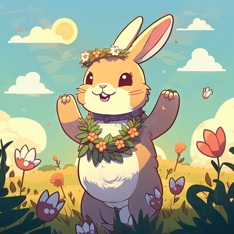 A Cartoon Rabbit with a Wreath Around Its Neck Standing in a Field ...