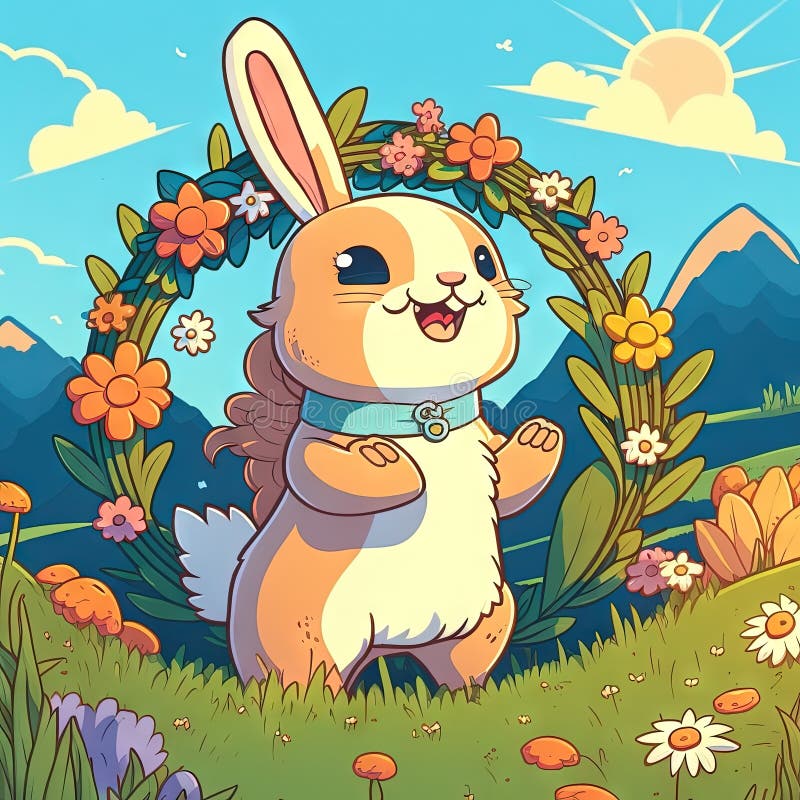A Cartoon Rabbit with a Wreath of Flowers Around Its Neck Stock ...