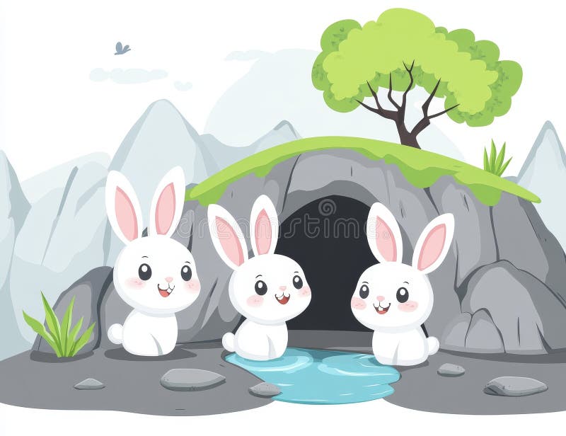 A Cartoon of Rabbits Playing Near a Small Pond with Three Rabbits Stock ...