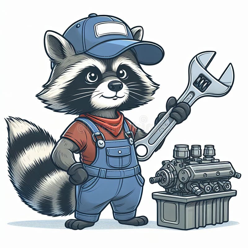 Cartoon Raccoon Fixing an Engine Stock Illustration - Illustration of ...