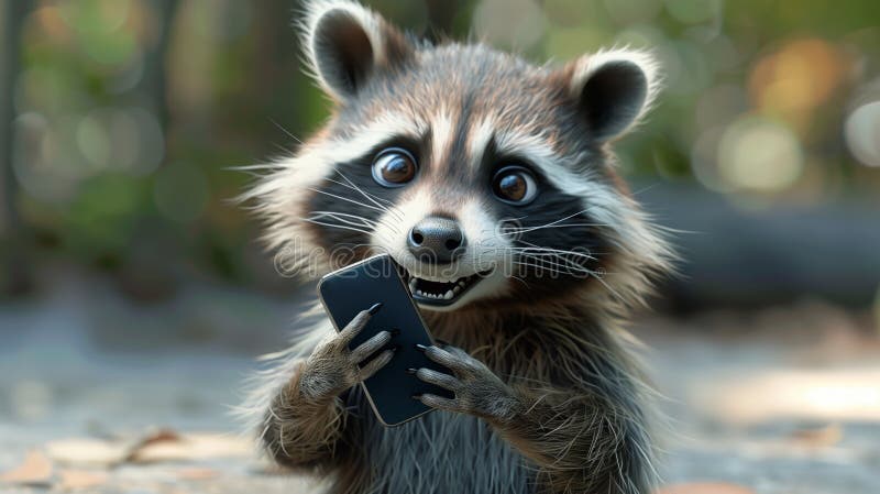 A Cartoon Raccoon is Joyfully Talking on a Mobile Phone while ...