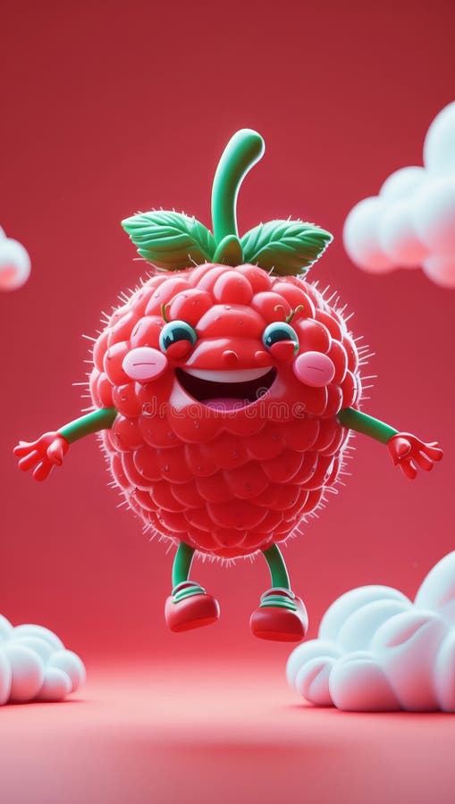 A Cartoon Raspberry Character Jumping Amongst Cloud-like Puffs Against ...