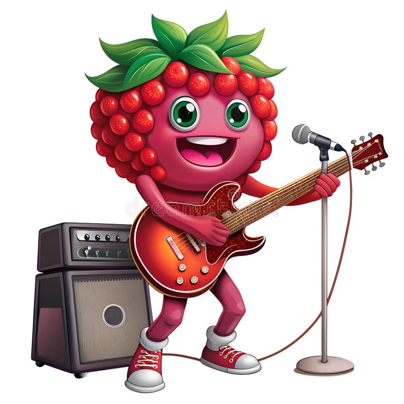 Cartoon Raspberry Character Playing an Electric Guitar with an ...