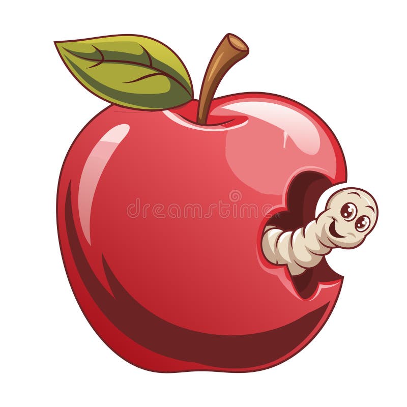 Cartoon Red Apple with Cute Worm Character for Educational Materials ...