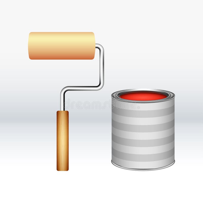 Cartoon Red Paint Bucket with and Paint Brush. Vector Illustration ...