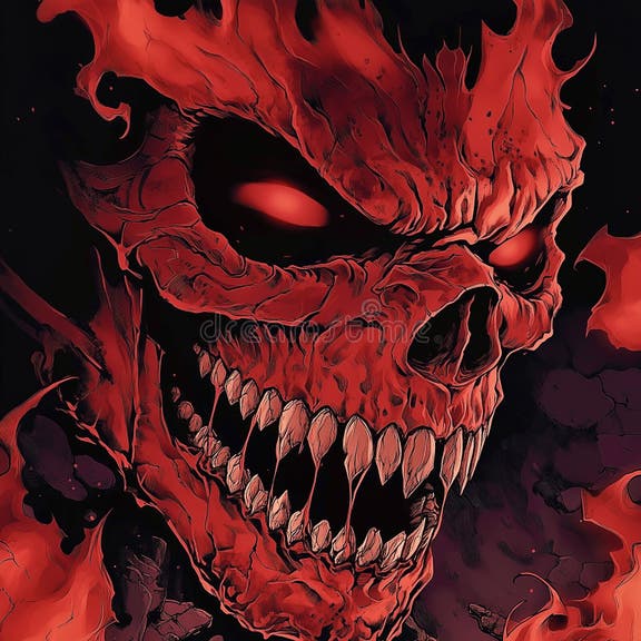 A Cartoon Red Skull with Flames, an Evil Grinning Face Stock ...