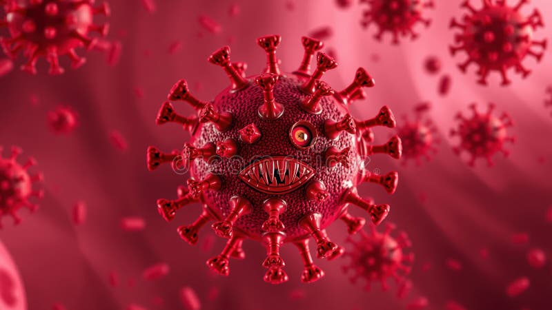 Cartoon Red Virus with Grinning Face in Microscopic Environment Stock ...