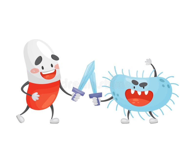 Cartoon Tablet with a Shield and Sword Fighting with a Microbe. Vector ...
