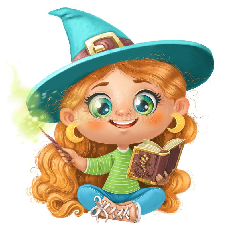 Cartoon Redhaired Witch Girl Conjuring with a Magic Wand and Textbook ...