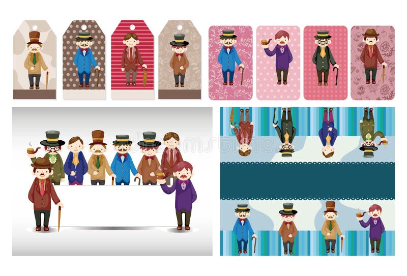 Cartoon Retro Gentleman Card Collection Stock Vector - Illustration of ...