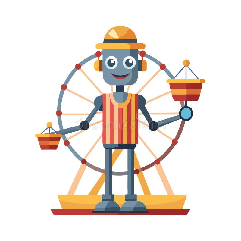 Cartoon Robot Amusement Park Operator Character with Ferris Wheel ...