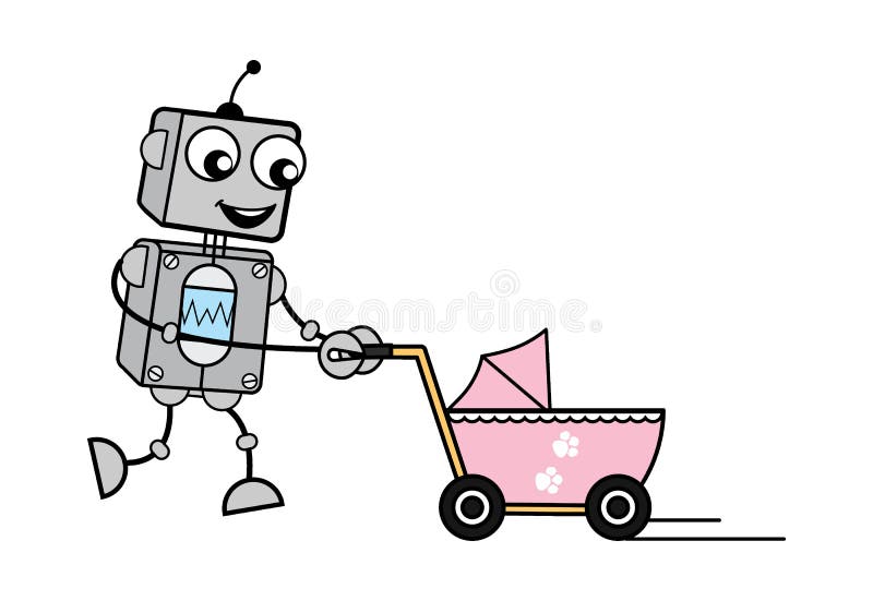 Cartoon Robot with Baby Cart Stock Illustration - Illustration of ...