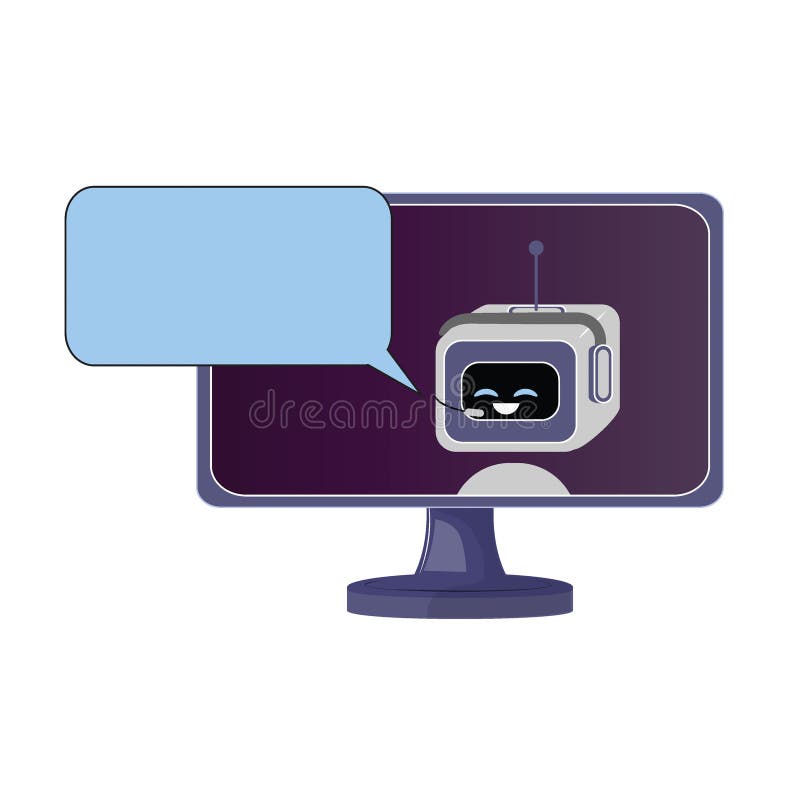 Cartoon Robot Character on Purple Screen with Empty Message Bubble for ...