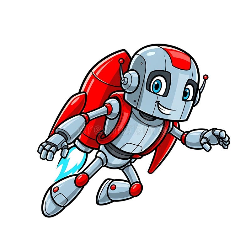 Cartoon Robot Character with a Red Jetpack Flying and Smiling on a ...
