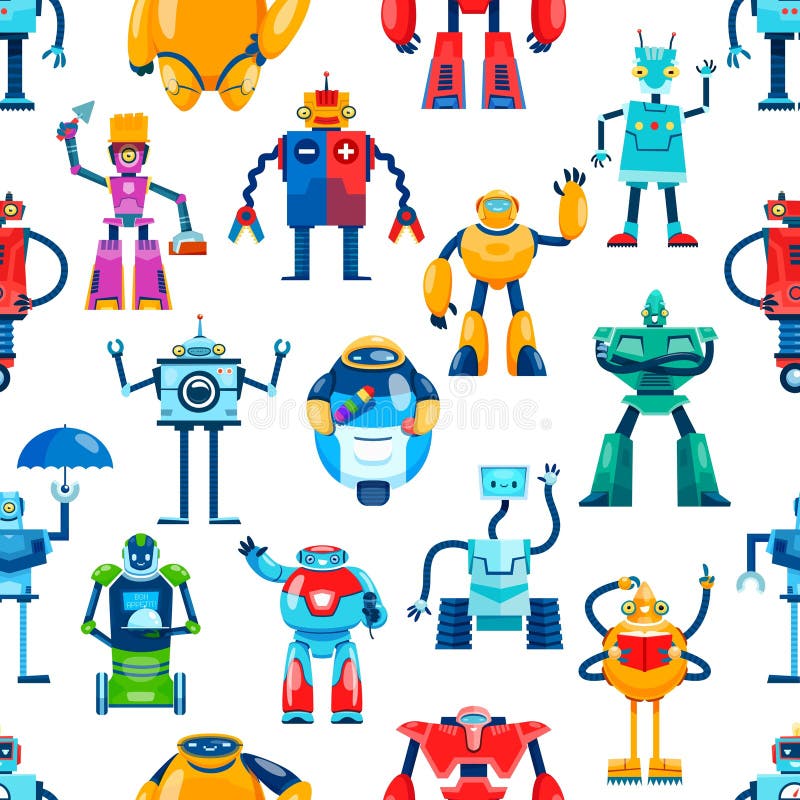 Cartoon Robot Characters Seamless Pattern, Droids Stock Vector ...