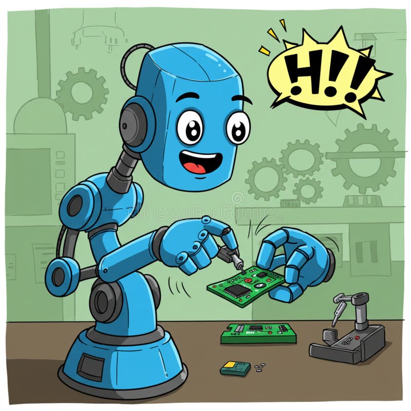 A Cartoon Robot with a Cheerful Expression Works on a Circuit Board. it ...