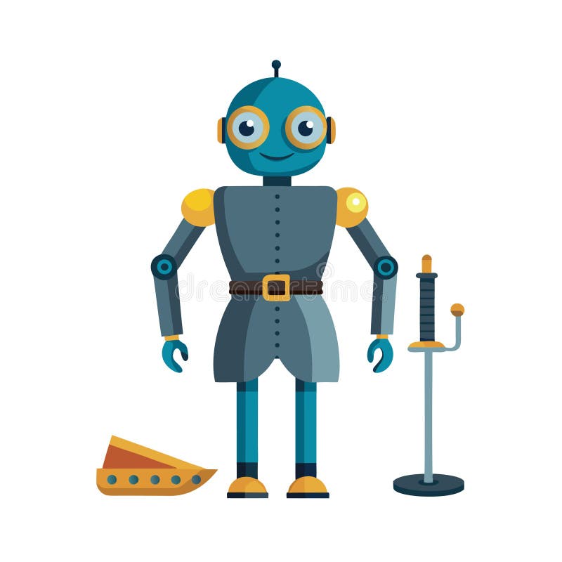 Cartoon Robot Knight with Sword and Helmet, Isolated on White ...