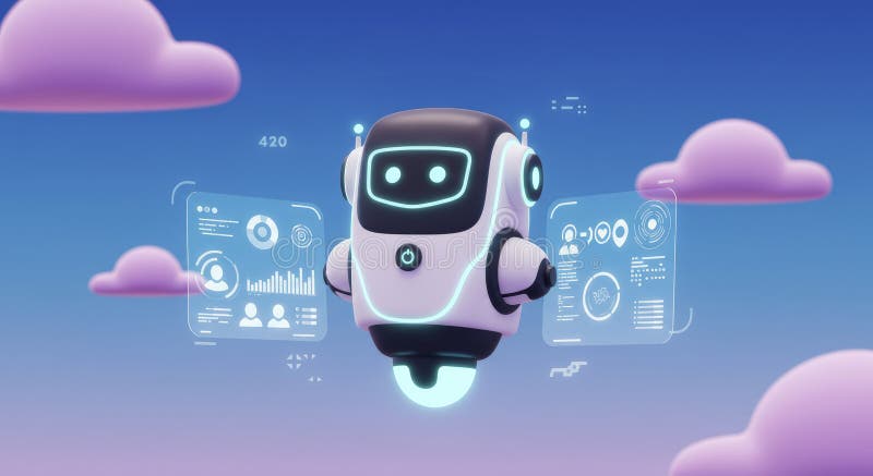 Cartoon Robot Navigating Cloud Computing Data Analysis in Digital Space ...