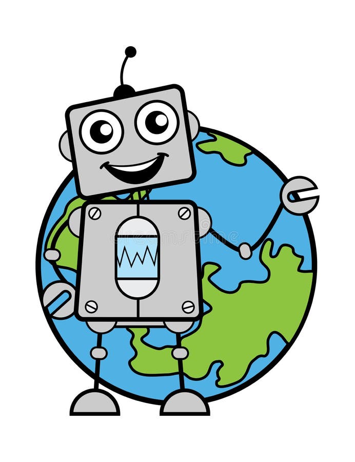 Cartoon Robot with Planet Earth Stock Illustration - Illustration of ...