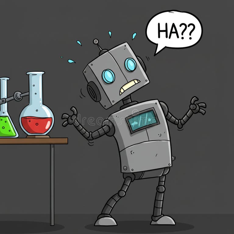 A Cartoon Robot with a Rectangular Body and Large Blue Eyes Expresses ...