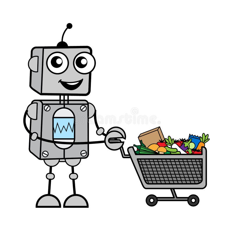 Cartoon Robot with Shopping Cart Stock Illustration - Illustration of ...