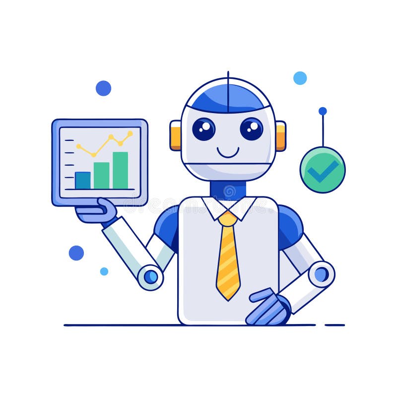 Cartoon Robot Showing Business Analytics on Tablet with Checkmark ...