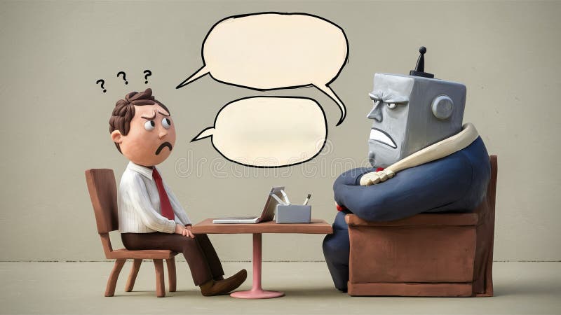 A Cartoon Robot Sitting at a Table with Speech Bubbles Above it, AI ...