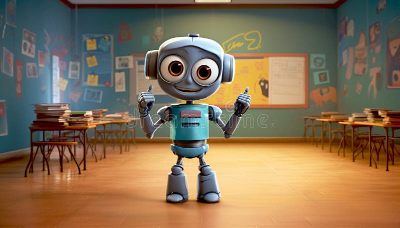 A Cartoon Robot Standing in Front of a Classroom - Generative AI Stock ...