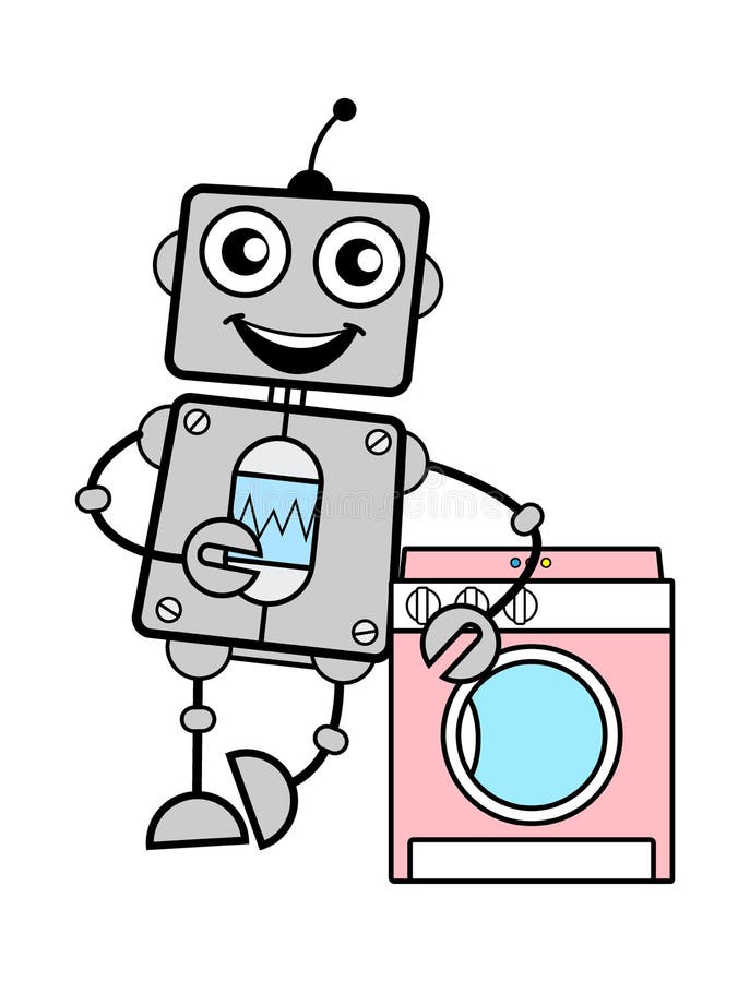 Cartoon Robot Standing With Washing Machine Stock Illustration ...