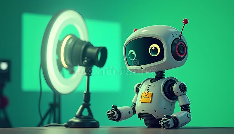 Cartoon Robot Talking To Camera with Ring Light Stock Illustration ...