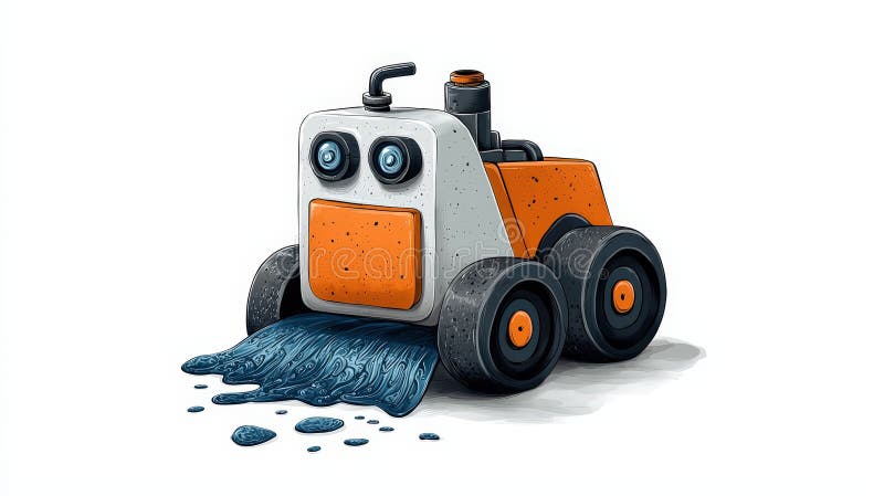 A Cartoon Robot with Wheels Designed for Cleaning is Pouring a Stream ...