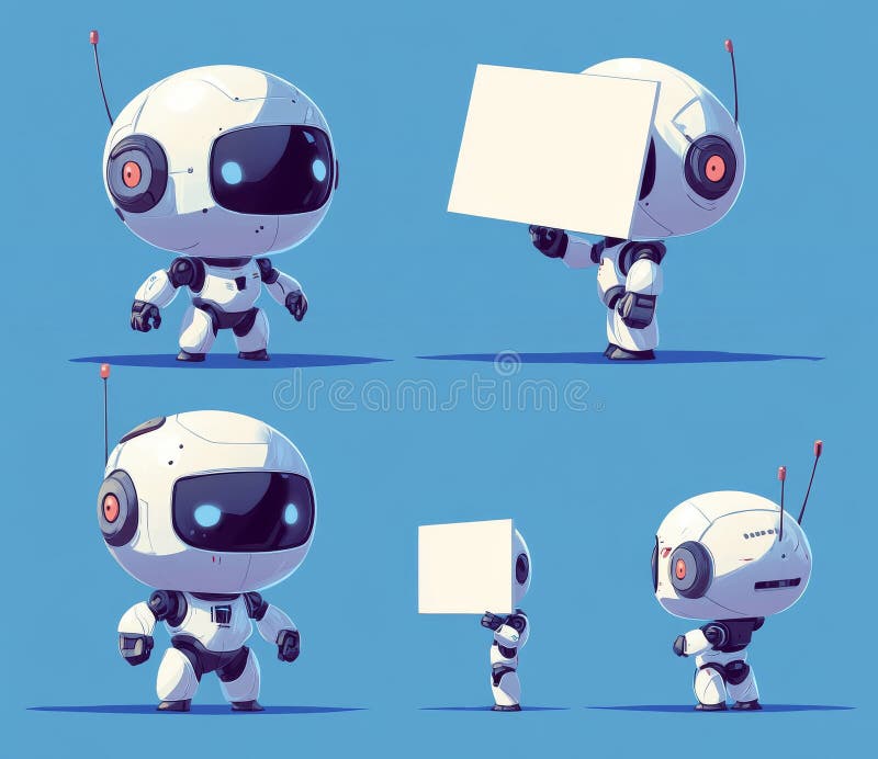 Cartoon Robots Android Character Set Futuristic Machine Different Poses ...