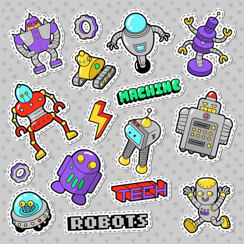 Cartoon Robots and Retro Style Electronics Doodle. Stickers, Badges and ...