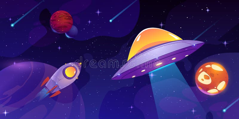 Cartoon Rocket and Alien UFO Flying in Outer Space Stock Vector ...