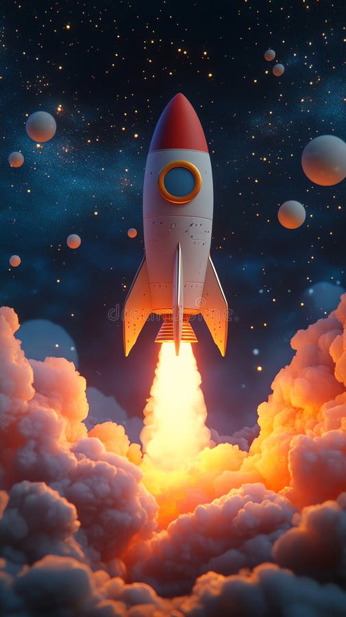Cartoon Rocket Blasting Off into Space with Glowing Smoke Trail Stock ...