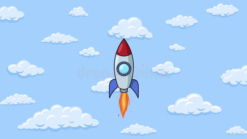 Cartoon Rocket Flying Up with Fluffy Clouds Around in the Blue Sky ...