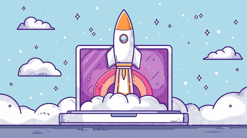 Cartoon Rocket Launch from Laptop Stock Illustration - Illustration of ...
