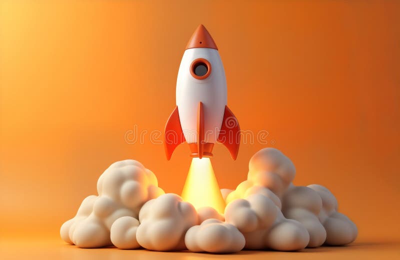 Cartoon Rocket Launching into Orange Sky. Smoke, Flames Erupt from Rocket Engine. Powerful ...