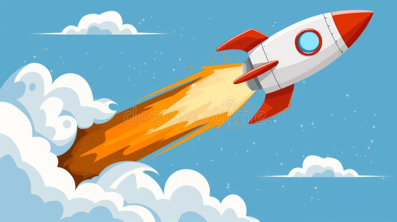 Cartoon Rocket Launching into the Sky Illustrative Image of a Spaceship ...
