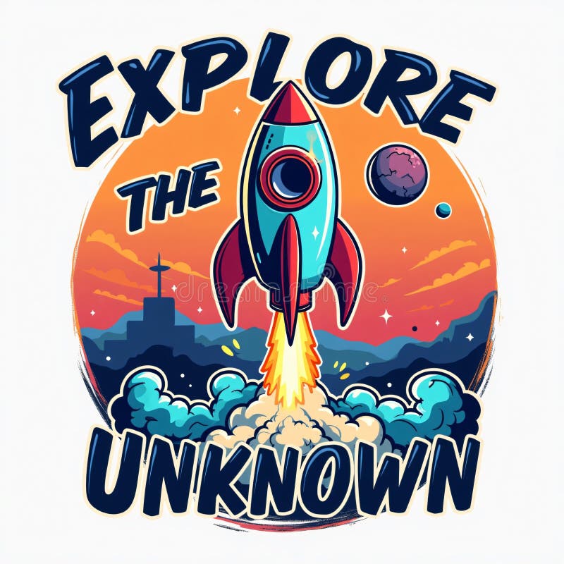Cartoon Rocket Launching into Space: Explore the Unknown T-Shirt Design ...