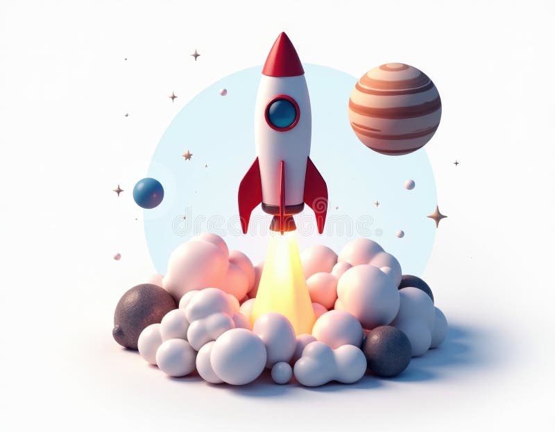 Cartoon Rocket Launching into Space with Planets and Stars - 3D Render ...