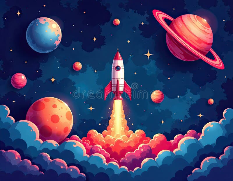 Cartoon Rocket Launching into Space with Planets and Stars Stock ...